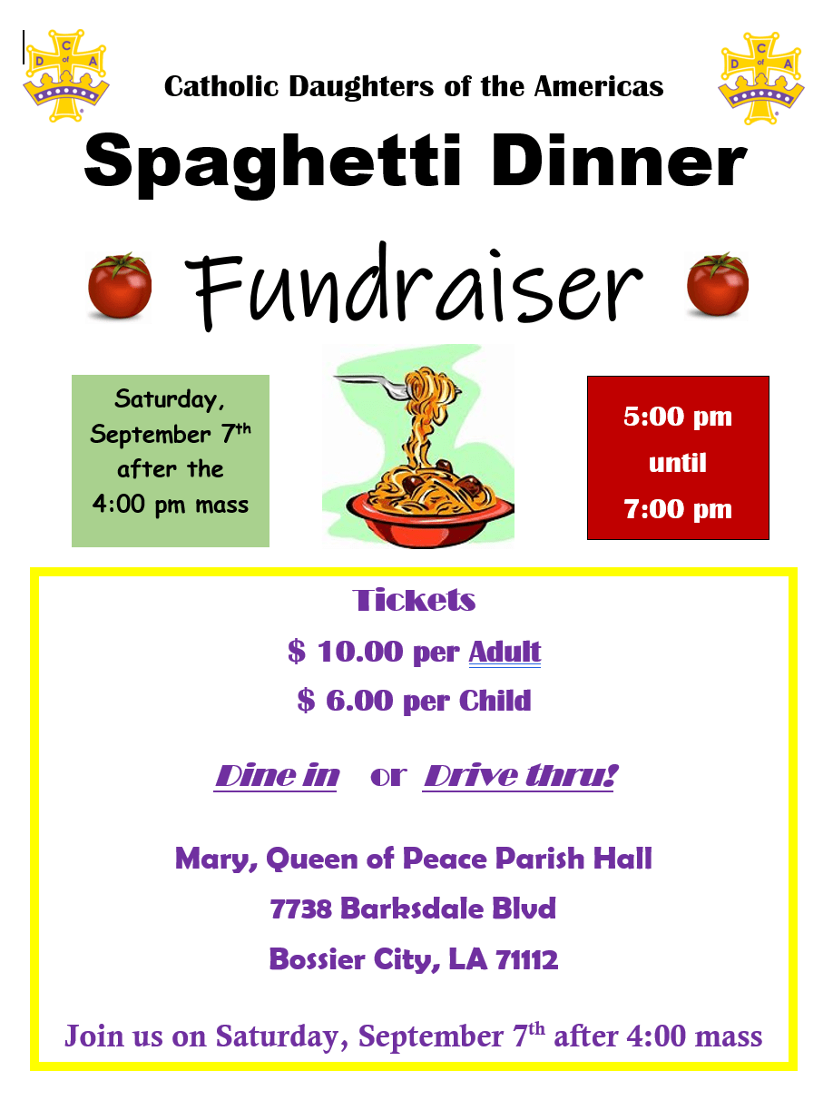 CDA Spaghetti Dinner Fundraiser – Mary, Queen of Peace Catholic Church
